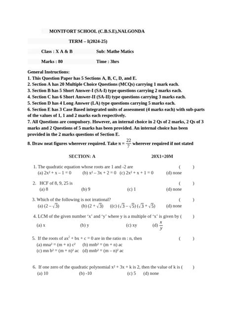 Class X Term I Maths Pdf Mathematics Algebra