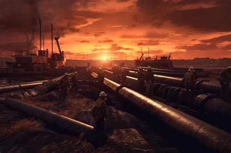 Premium Ai Image Workers Installing Pipeline Sunset Generate Ai