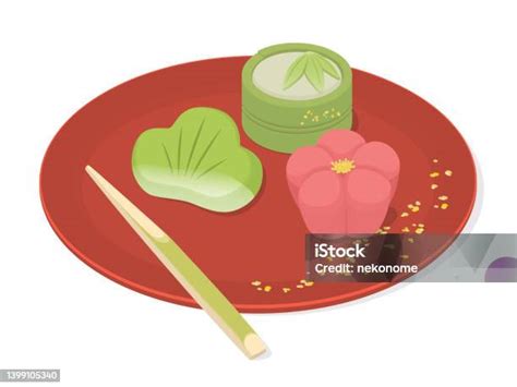 와가시 네리키리 등 일본 전통 과자의 벡터 일러스트레이션으로 소나무 대나무 일본 살구꽃 모양입니다 0명에 대한 스톡 벡터 아트