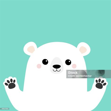 손 발 인쇄 들고 북극곰 흰색 귀여운 만화 재미 귀여운 아기 캐릭터입니다 메리 크리스마스 인사말 카드 플랫 디자인입니다 파란색 배경입니다 인사말 카드입니다 0명에 대한 스톡