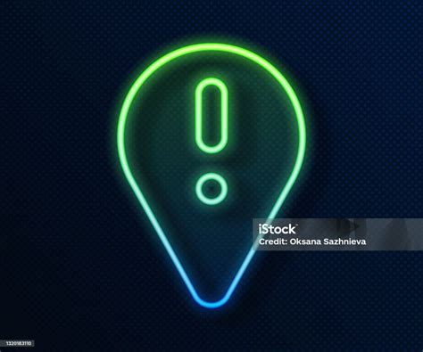 파란색 배경에 격리된 느낌표 아이콘이 있는 빛나는 네온 선 맵 포인터입니다 위험 경고 표지판 주의 주의 위험 경고 중요 한 표시