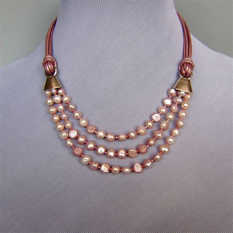 Nude Pink 3 Strand Pearl Necklace Leather Choker Silver Clasps From