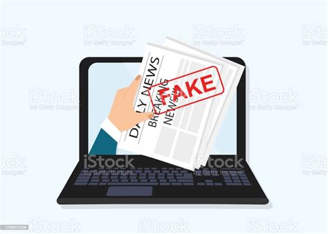 밝은 배경에 노트북 화면에서 가짜 뉴스와 신문을 보여주는 사람 평면 스타일의 벡터 일러스트레이션 매스컴에 대한 스톡 벡터 아트