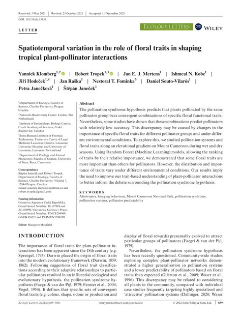 Pdf Spatiotemporal Variation In The Role Of Floral Traits In Shaping Tropical Plant Pollinator