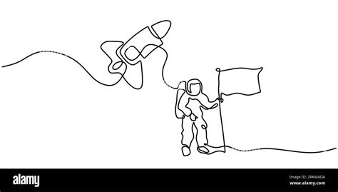 Continuous One Single Line Of Astronaut Flying To The Space With Rocket Isolated On White