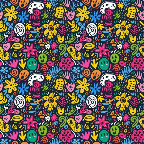 Colorful Hand Drawn Floral And Abstract Pattern Seamless Repeat Stock Illustration