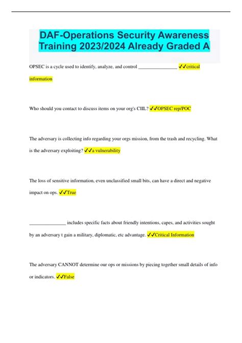 DAF Operations Security Awareness Training 2023 2024 Already Graded A DAF Operations Security