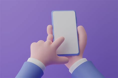 보라색 배경에 흰색 화면으로 스마트 폰을 들고 애니메이션 손 3d 일러스트 3차원 형태에 대한 스톡 사진 및 기타 이미지 3