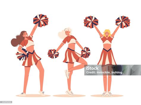 공연 팀 스포츠 또는 치어리딩 대회에서 세 명의 치어리더 소녀 높은 에너지와 팀워크를 보여줍니다 개체 그룹에 대한 스톡 벡터
