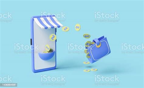 지갑과 휴대 전화 또는 스마트폰 파란색 배경 3d 그림 또는 3d 렌더링에 격리된 동전 절약 돈 개념 3차원 형태에 대한 스톡
