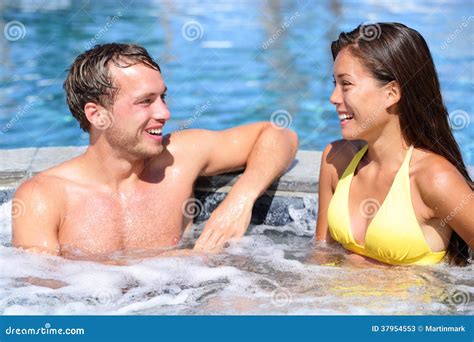 Spa Couple Happy In Wellness Hot Tub Jacuzzi Stock Image Image Of