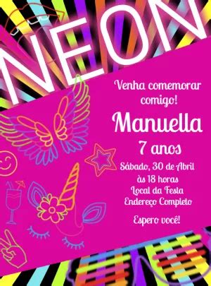 Convite Aniversário Neon Edite grátis nosso editor online