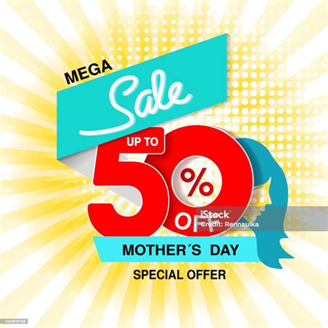 벡터 행복 한 어머니의 하루입니다 큰 판매 배너입니다 메가 세일 최대 50 할인 레드 블루 특별 한 제공 합니다 서식 파일 디자인에 노란색 줄무늬 배경 어머니의 실루엣
