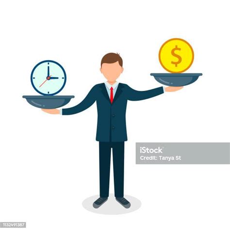 저울에 대 한 시간과 비용 남자는 시간 개념 대 돈 균형 시계 및 돈 무게 벡터 일러스트 가격에 대한 스톡 벡터 아트 및 기타 이미지 Istock