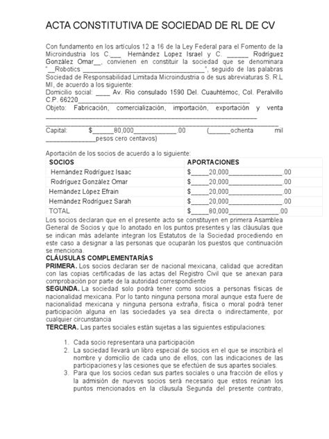 Acta Constitutiva De Sociedad De Rl De Cv Descargar Gratis Pdf