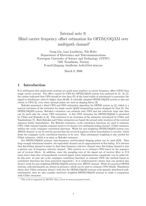 Pdf Internal Note 9 Blind Carrier Frequency Offset Estimation For Ofdm Oqam Over Multipath