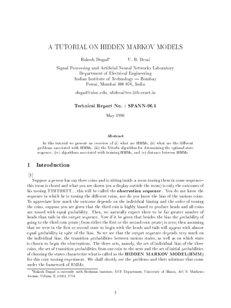A Tutorial On Hidden Markov Models Dugad And Desai Pdf