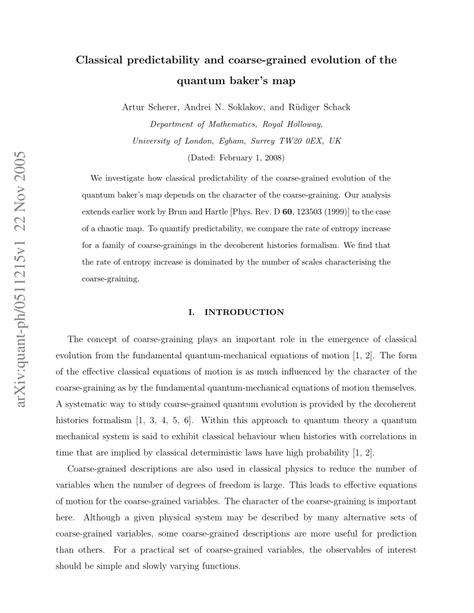 [pdf] Classical Predictability And Coarse Grained Evolution Of The Quantum Bakers Map