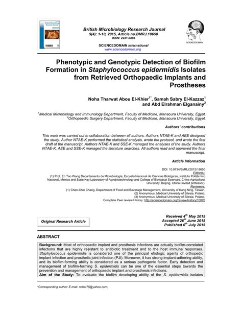 Pdf Phenotypic And Genotypic Detection Of Biofilm Formation In Staphylococcus Epidermidis