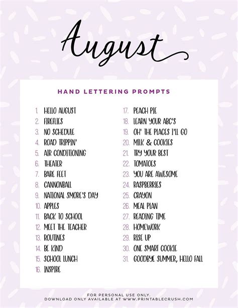 AUGUST HAND LETTERING PROMPTS AND FREE WORKSHEET Lettering Challenge