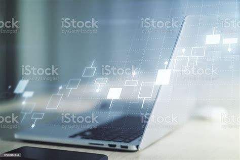 현대 노트북 배경 외환 및 투자 개념에 추상적 인 창조적 인 금융 그래프 다중 노출 웹 회의에 대한 스톡 사진 및 기타 이미지