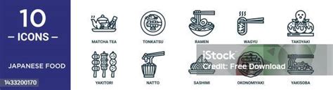 일본 음식 개요 아이콘 세트에는 얇은 줄 말차 차 라면 타코야키 낫토 오코노미야키 야키소바 야키토리 아이콘 보고서 프리젠 테이션 다이어그램 웹 디자인이 포함됩니다 0명에