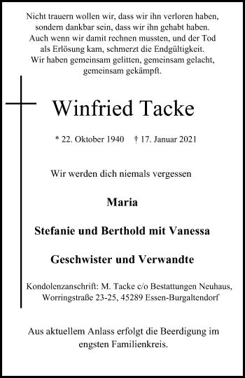 Traueranzeigen Von Winfried Tacke Trauer In Nrw De