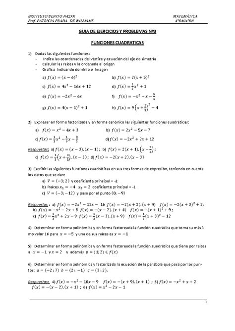 Guia N°3 Funciones Cuadraticas Prof Patricia Prada De Williams 4°bm 4ºbn Guia De Ejercicios Y
