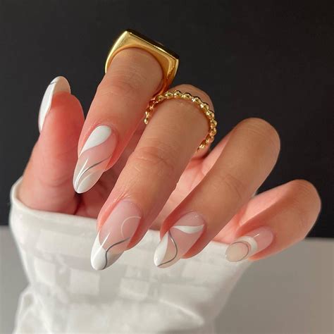 Simple White Line Medium Almond Press On Nails In 2023 Almond Nails