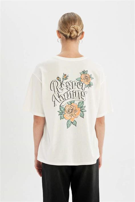Beyaz Kadın Loose Fit Bisiklet Yaka Baskılı Kısa Kollu Tişört 3145751