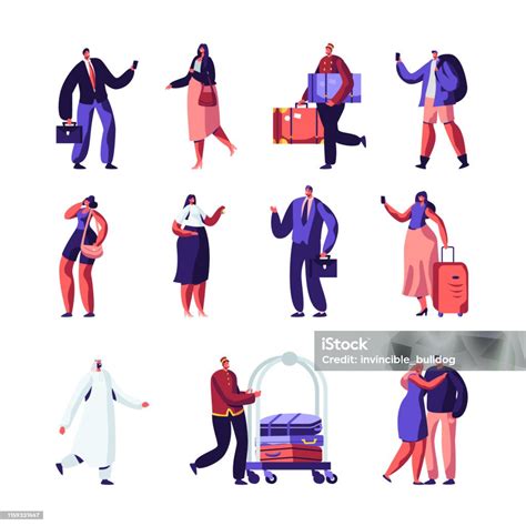 호텔 직원과 손님 세트 사업가 접수원 서기 회의 롯지 아랍 유럽 고객 수하물 카트도어맨 모텔의 사람들 숙박 시설 만화 플랫 벡터 일러스트 관광에 대한 스톡 벡터 아트 및