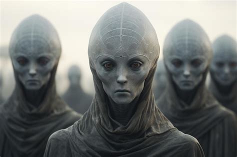 Grupo de alienígenas cabeza de huevo ufo humanoide espeluznante mirando a la cámara al aire