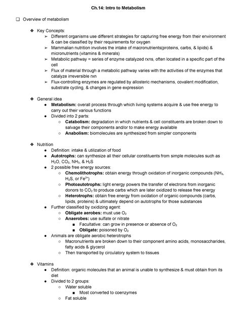 Ch Intro To Metabolism Notes Ch Intro To Metabolism Overview Of Metabolism Key Concepts