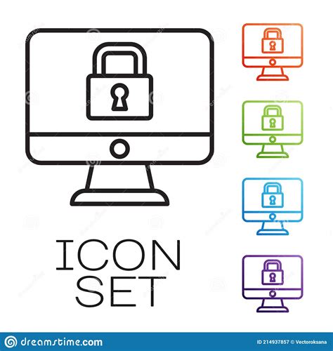 Black Line Lock On Computer Monitor Screen Icon Isolated On White Background Security Safety