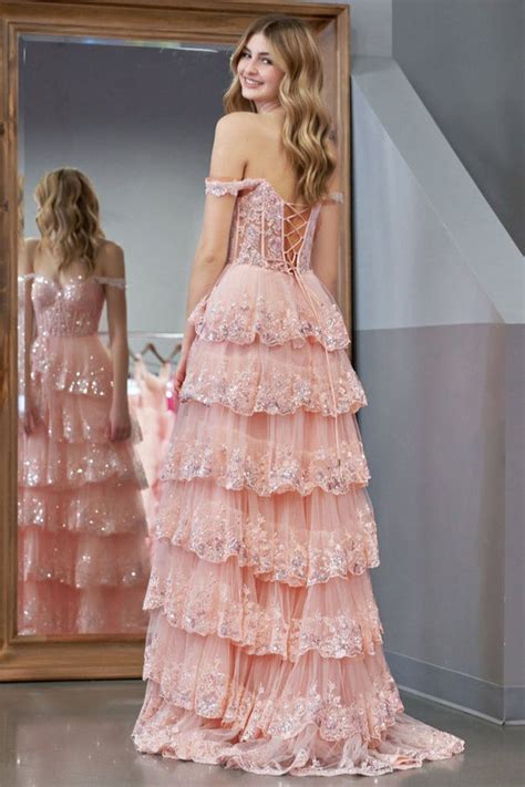 Capri A Line Lace Off The Shoulder Tiered Long Prom Dress With Slit