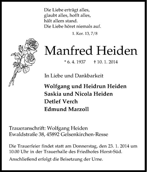 Traueranzeigen Von Manfred Heiden Trauer In NRW De