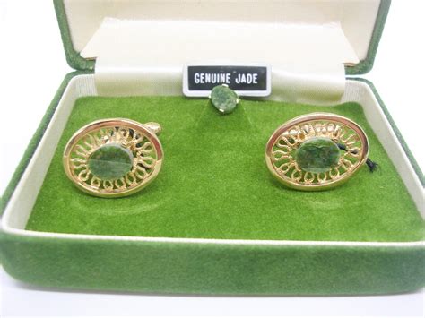 Vintage Genuine Jade Cufflinks Tie Tack Set Dante Cuff Links With
