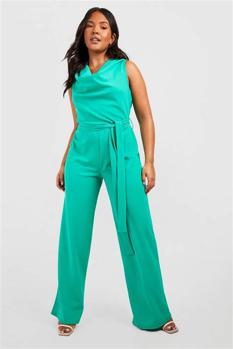 Plus Cowl Neck Belted Wide Leg Jumpsuit Boohoo Usa