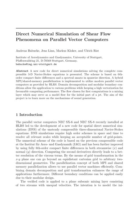 Pdf Direct Numerical Simulation Of Shear Flow Phenomena On Parallel Vector Computers