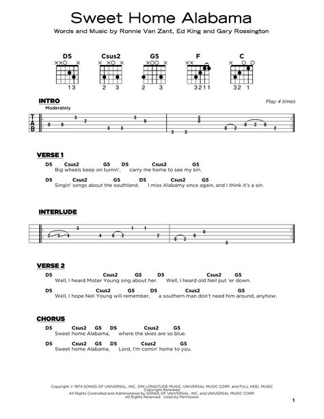 Sweet Home Alabama By Lynyrd Skynyrd Really Easy Guitar Guitar
