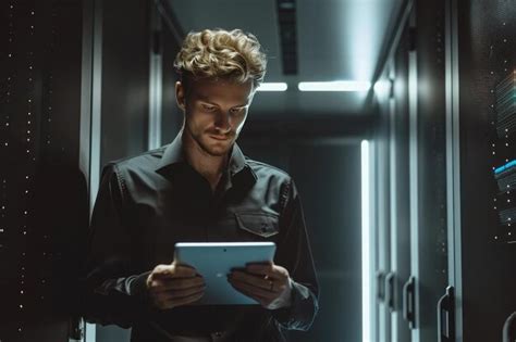 Focused Network Engineer With Tablet Troubleshooting In A Modern Data Center Server Room