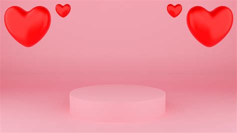 빨간 하트와 원 연단 핑크 파스텔 색상 발렌타인 데이 컨셉 제품을 위한 모형 쇼케이스 3d 렌더링 그림 0명에 대한 스톡 사진