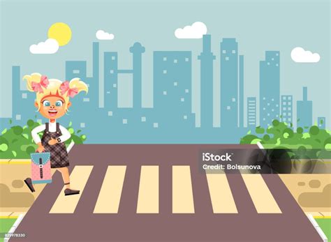 벡터 일러스트 만화 캐릭터 아이 교통 규칙 준수 외로운 금발 여자 초등 학생 학생 플랫 스타일에 학교로 다시 도시 배경에로 횡단