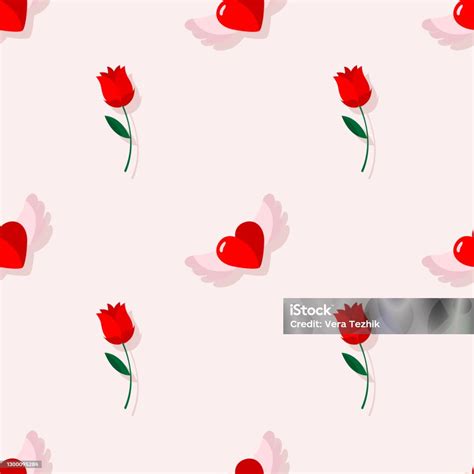 가벼운 배경에 비행 심장과 장미와 원활한 패턴 발렌타인 데이에 대한 마음 미니멀한 패턴 2월에 대한 스톡 벡터 아트 및 기타 이미지 2월 공휴일 꽃 식물 Istock