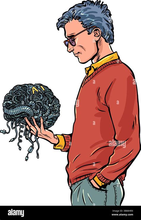 A Mans Reflection On The Creation Of Intelligence A Man Holds The Brain Of Artificial