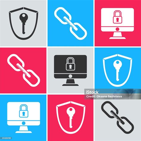 Set Shield With Key Chain Link And Lock On Computer Monitor Screen Icon