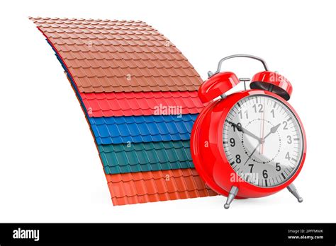 Color Metal Roof Tiles With Alarm Clock 3d Rendering Isolated On White