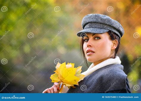 Gorgeous Brunette Model Posing With Leaves In The Park Stock Image