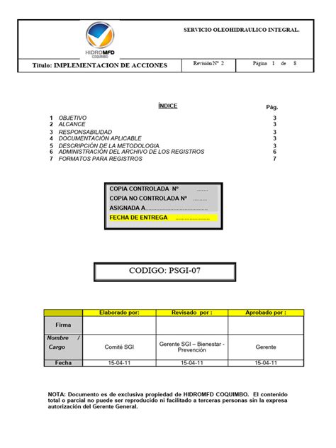 Implementacion De Acciones Psgi 07 Rev2 Pdf Seguridad Y Salud
