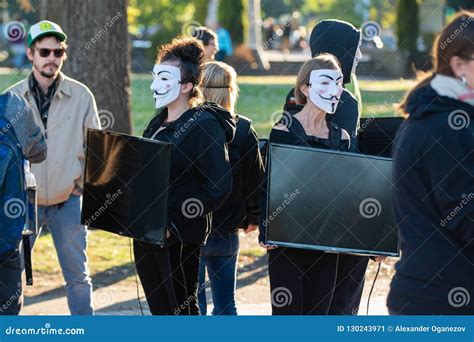 Group Of Females With Guy Fawkes Masks Editorial Photo Image Of